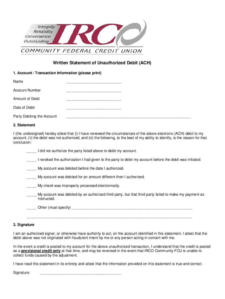 Fillable Online www.creditunion1.orgassets1Written Statement of Unauthorized/Improper Debit (ACH ...