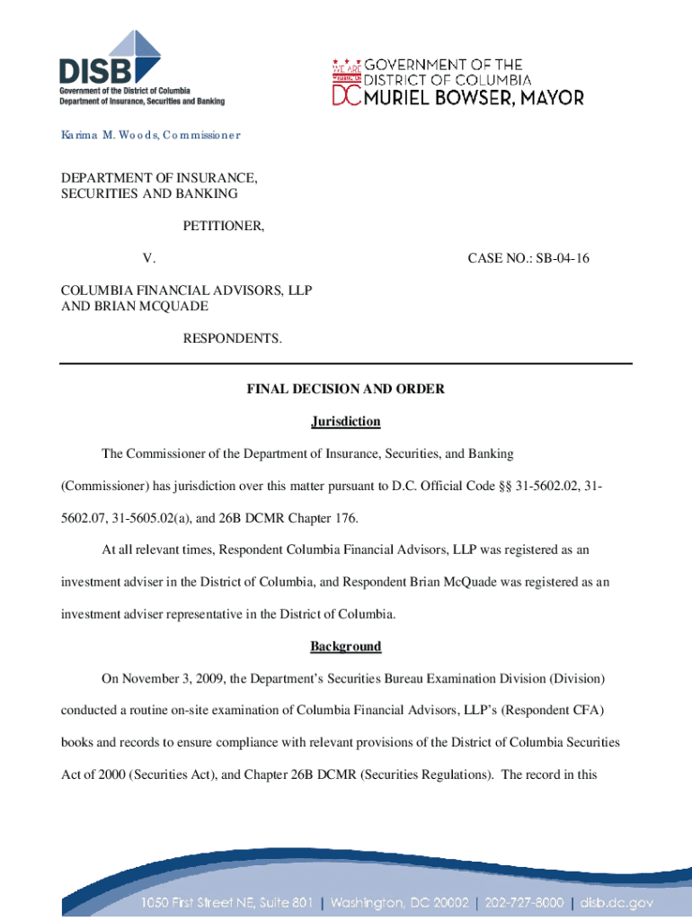 Fillable Online disb dc DEPARTMENT OF INSURANCE, SECURITIES AND BANKING ...