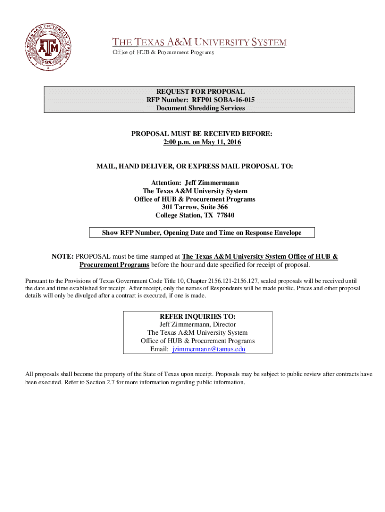 Fillable Online REQUEST FOR PROPOSAL RFP Number: RFP01 SOBA-16-015 ...