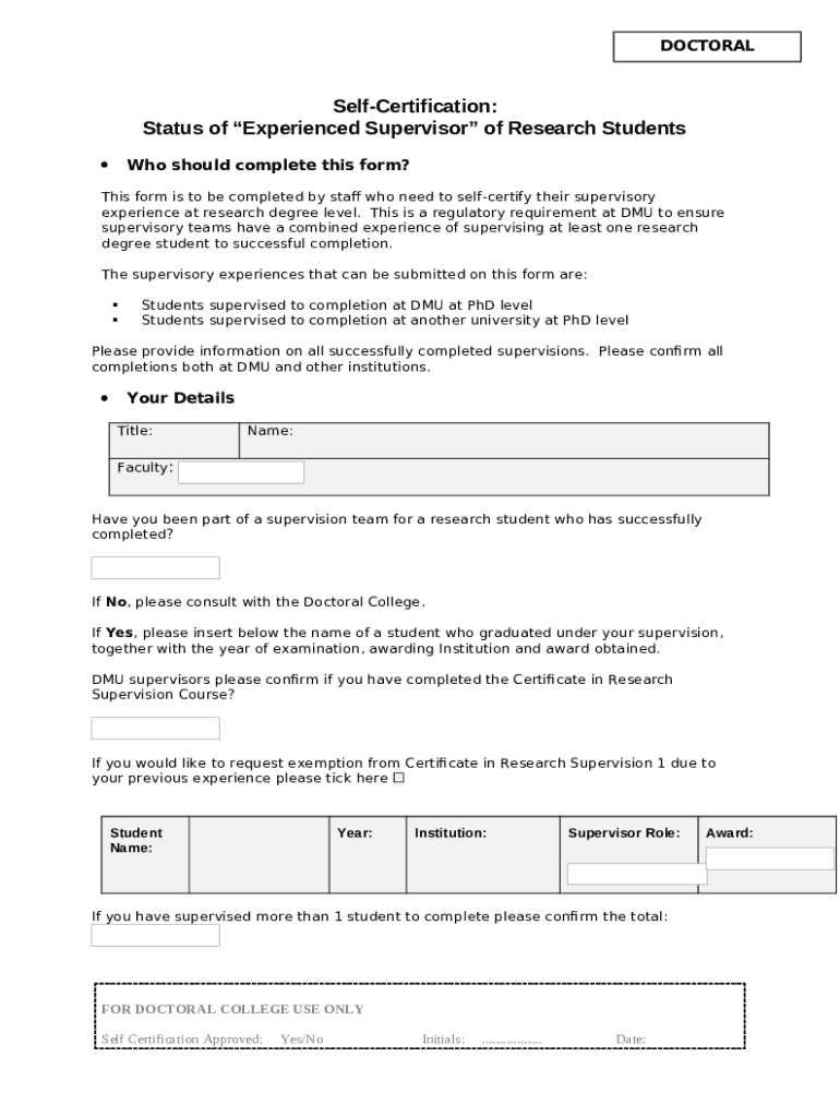 Self Certification Supervisor Doc Template | pdfFiller