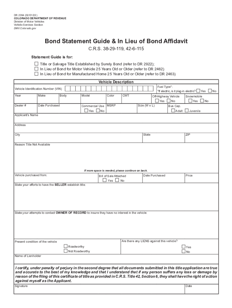 Fillable Online Bond Statement Guide & In Lieu of Bond Affidavit Fax ...