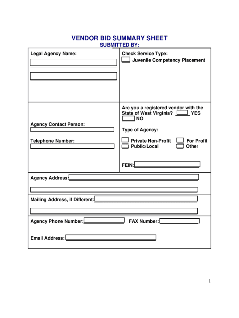 Fillable Online dhhr wv VENDOR BID SUMMARY SHEET.pdf Fax Email Print - pdfFiller