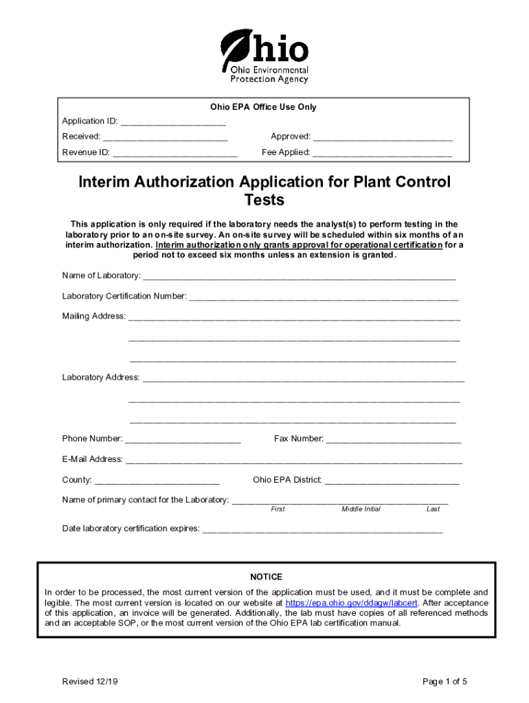 Fillable Online epa ohio epa.ohio.govstaticPortalsInterim Authorization ...