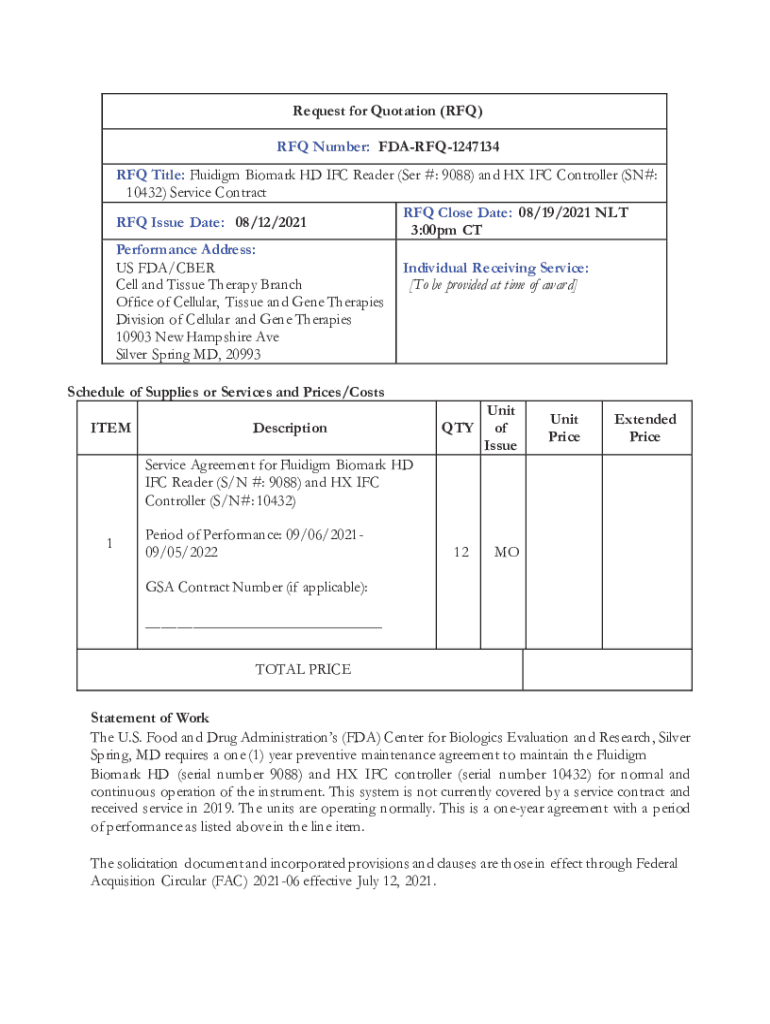 Fillable Online Request For Quotation Rfq Rfq Number Fda Rfq 1247134