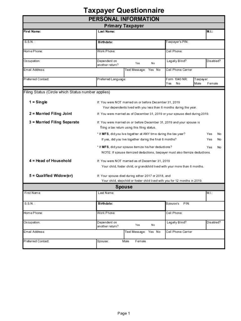 Fillable Online Taxpayer Questionnaire Taxpayer - Fill Online ...