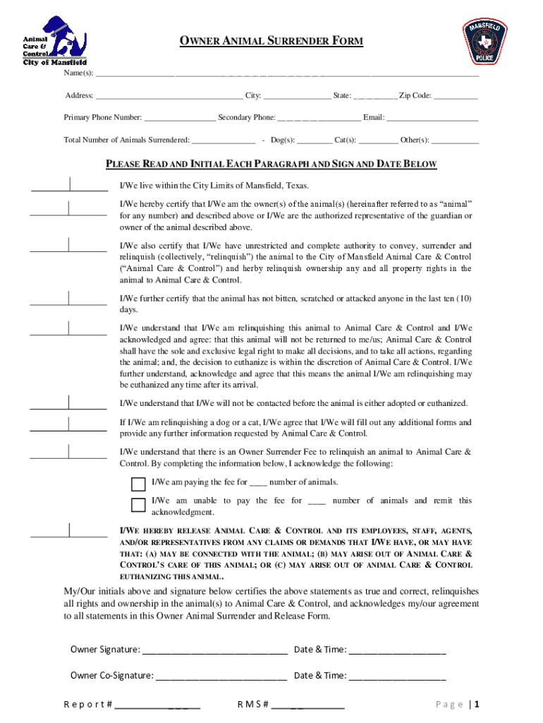 Fillable Online OWNER ANIMAL SURRENDER FORM Report# RMS# Page ... Fax ...