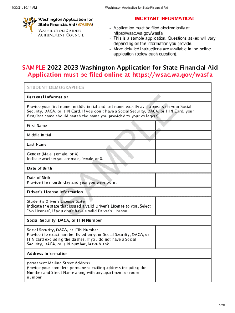 Fillable Online wsac wa SAMPLE 2022-2023 Washington Application for ...