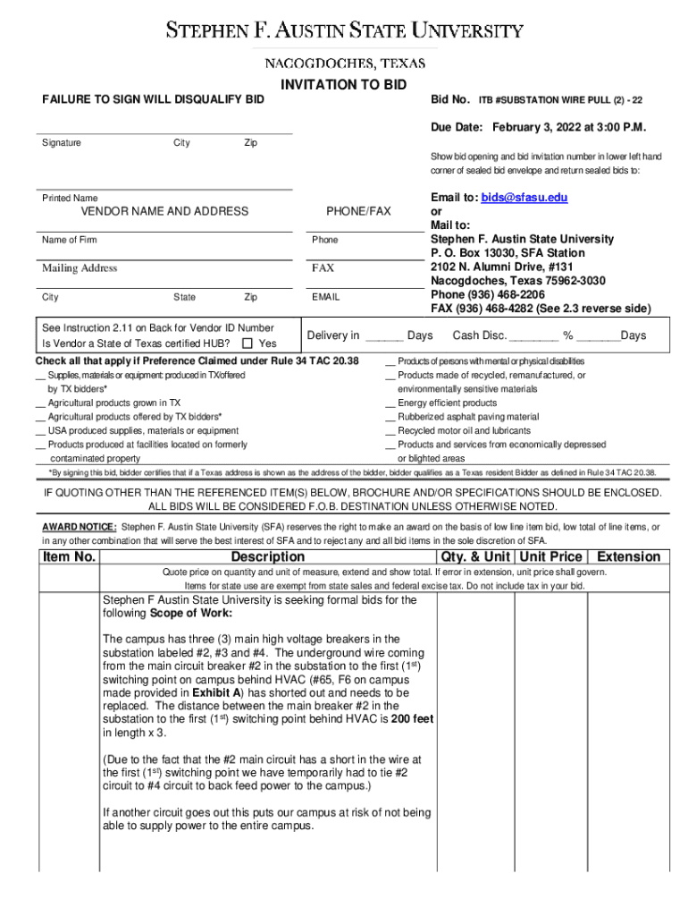 Fillable Online www.sfasu.eduSUBSTATIONWIREPULL-22INVITATION TO BID FAILURE TO SIGN WILL ...