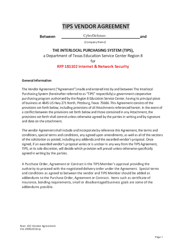 Fillable Online Fillable Online TIPS VENDOR AGREEMENT Birch Cline ... Fax Email Print - pdfFiller