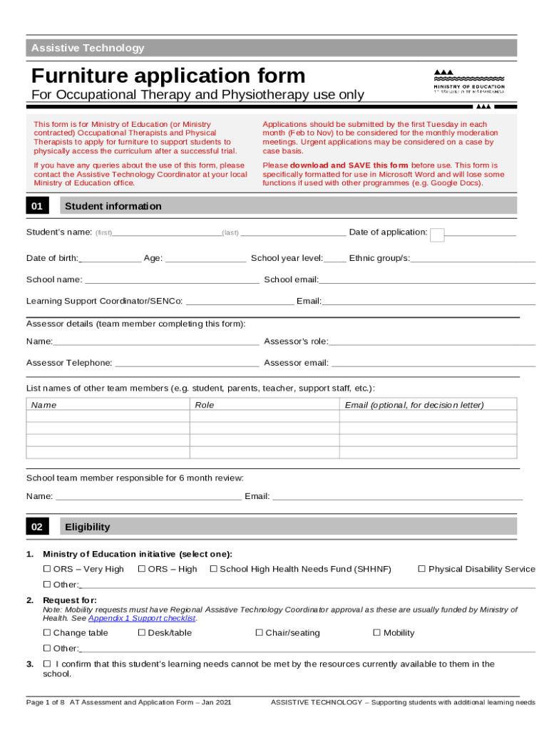 Assistive Technology Furniture Application Doc Template | pdfFiller