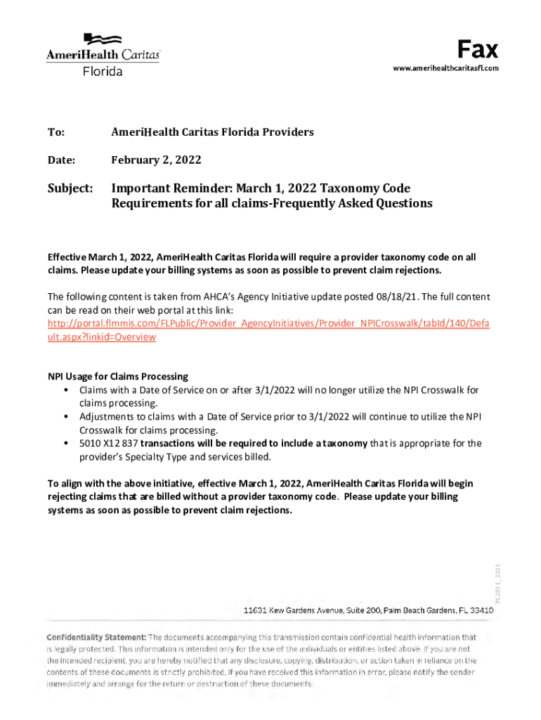 Fillable Online AmeriHealth Caritas Florida - Provider Alert - Taxonomy Codes FAQs and Tips ...
