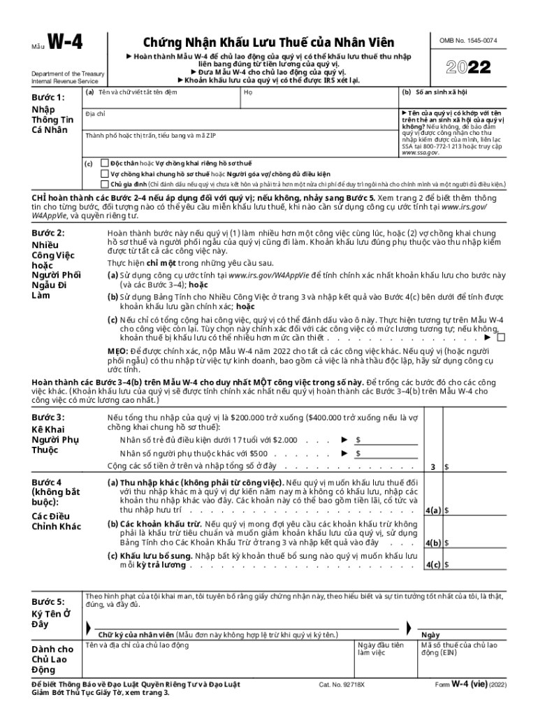 Fillable Online 2022 Form W-4. Employee's Withholding Certificate (Vietnamese Version) Fax Email ...