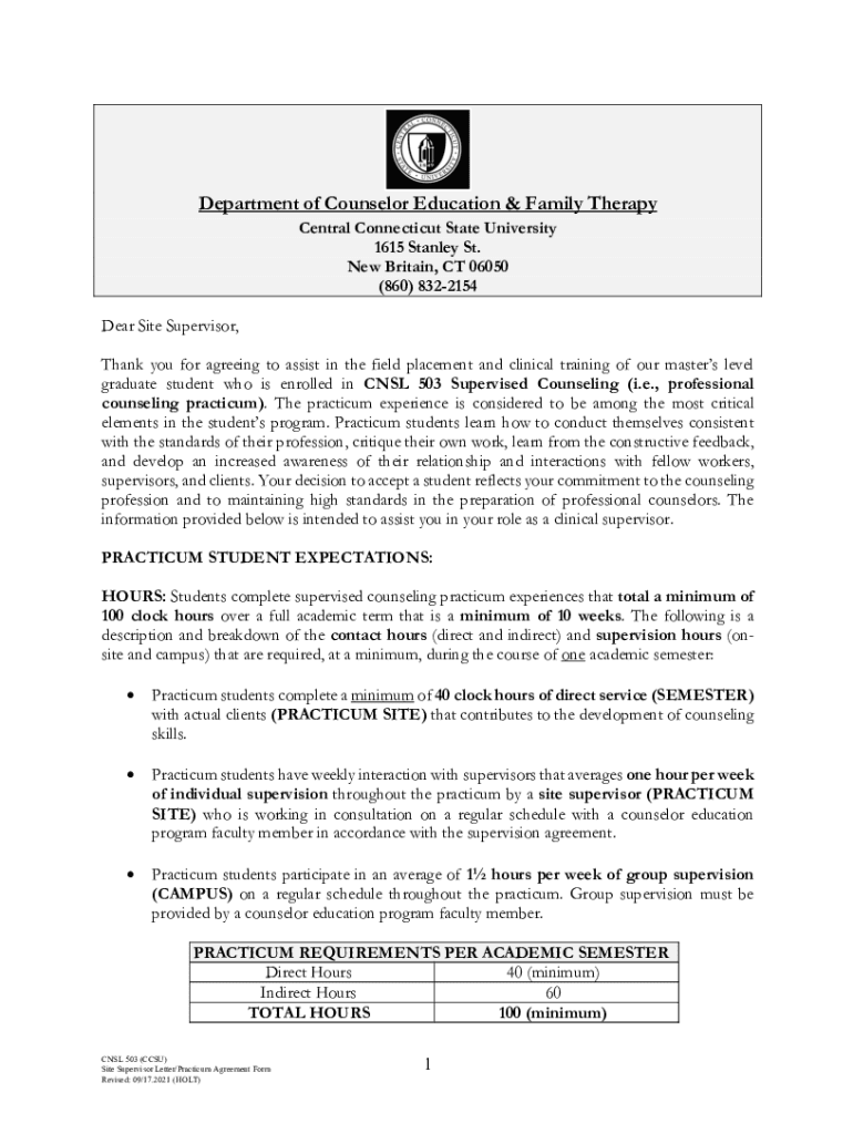 Fillable Online CNSL 503-Letter to Site Supervisor-Practicum Agreement Form-HOLT Fax Email Print ...