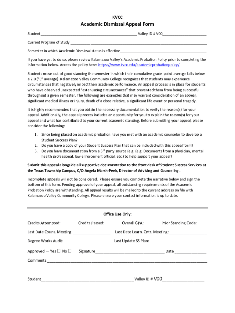 Fillable Online Sample Appeal LetterAcademic Dismissal from CollegeNVC ...