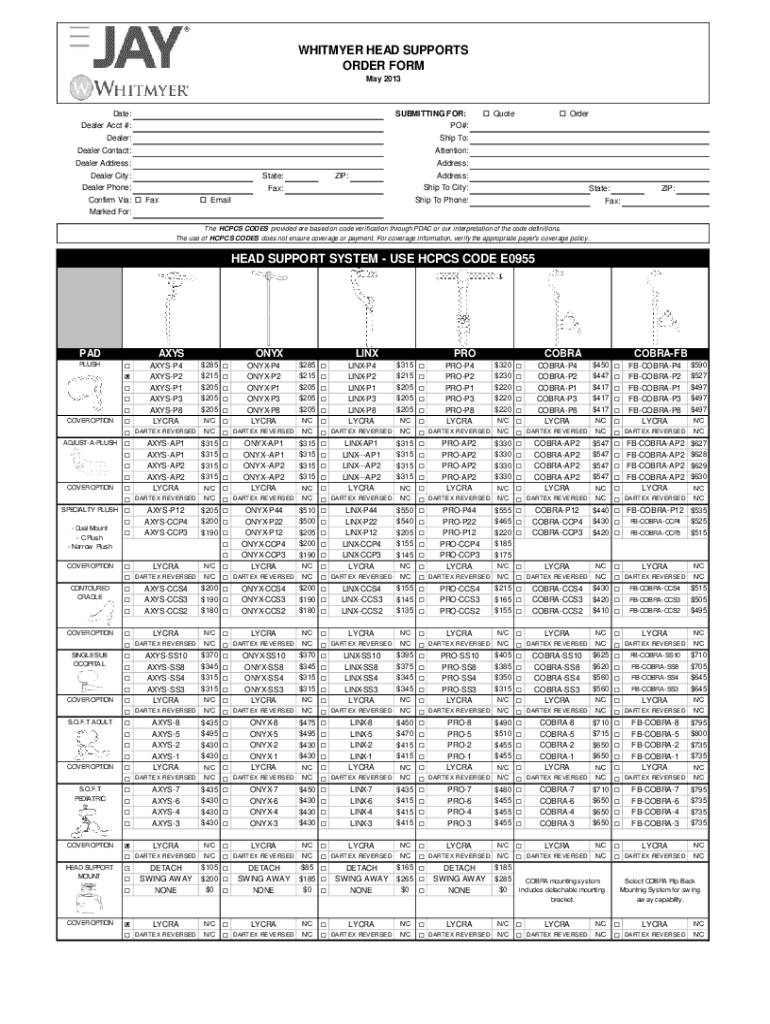 Fillable Online Fillable Online WHITMYER HEAD SUPPORTS ORDER FORM ...