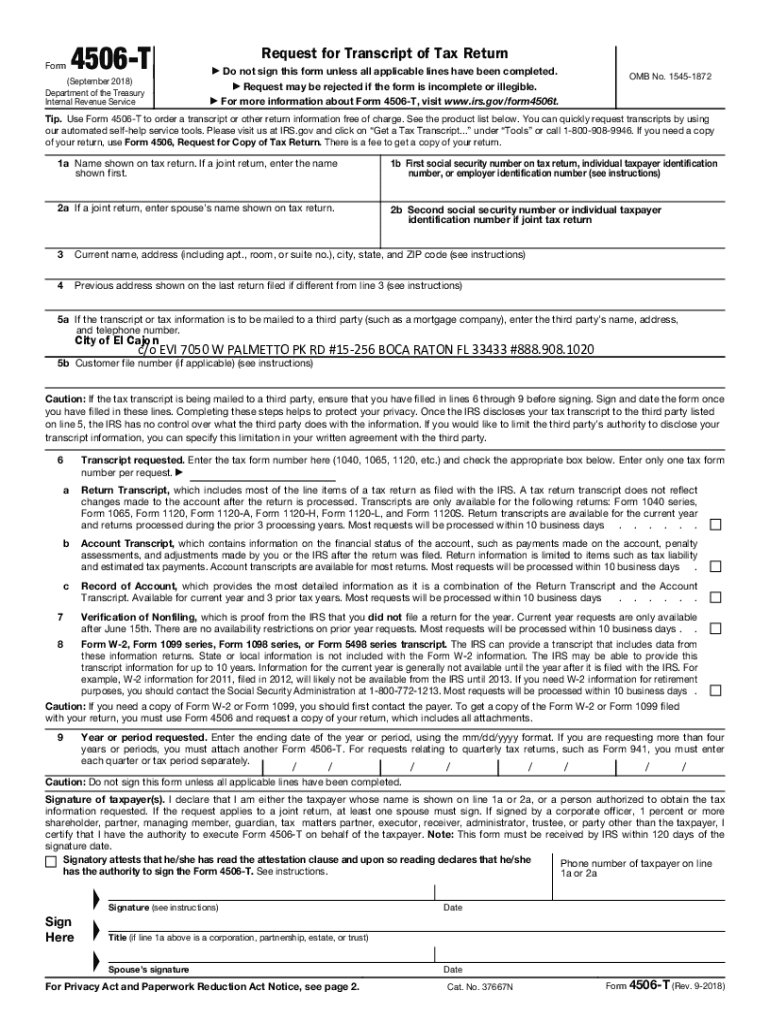 Fillable Online About Form 4506-T, Request for Transcript of Tax ...