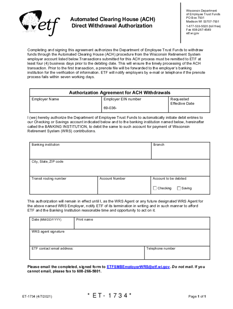 Fillable Online etf wi ACH Direct Withdrawal Authorization Fax Email ...