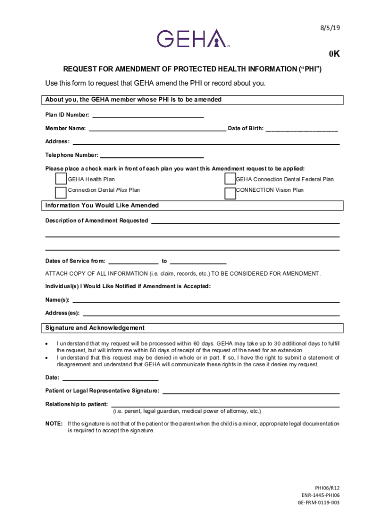 Fillable Online GEHA Request for Amendment of Protected Health ...