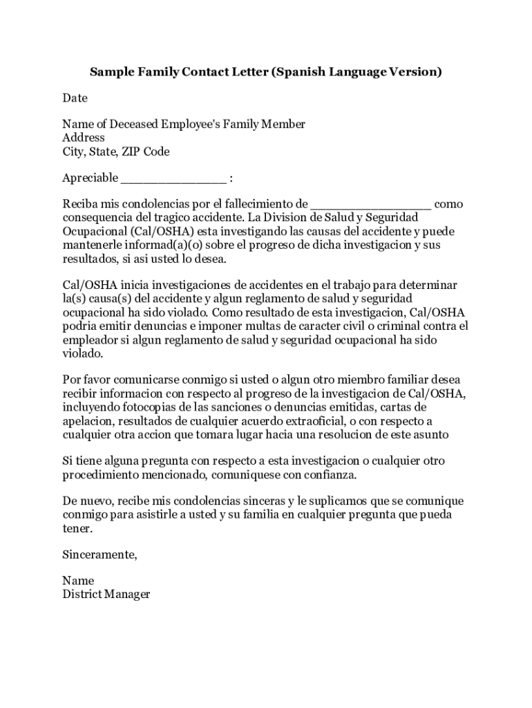 Fillable Online Sample Family Contact Letter (Spanish Language Version ...