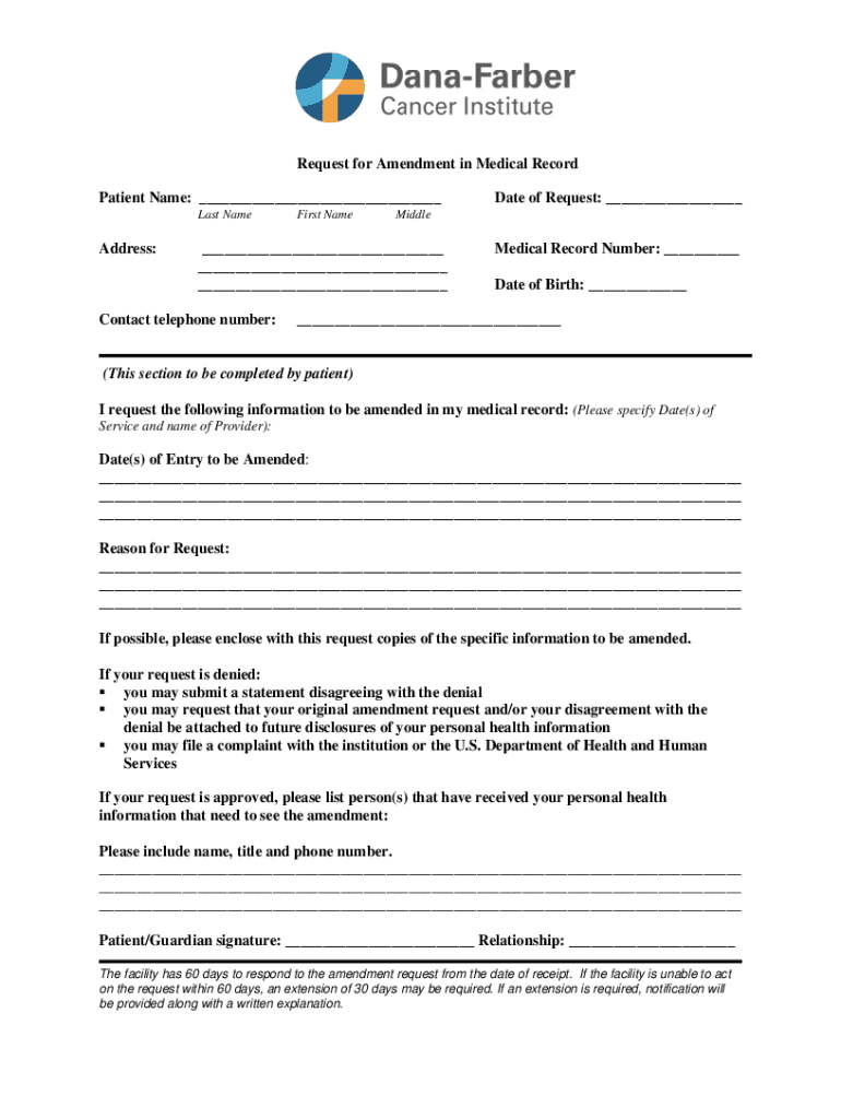 Fillable Online DFCI Request for Amendment Form Fax Email Print - pdfFiller