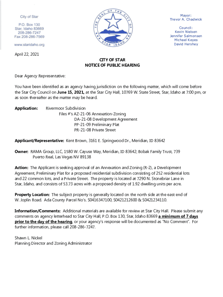 Fillable Online www.compassidaho.org dashboard pdfsCITY OF STAR NOTICE OF PUBLIC HEARING ...