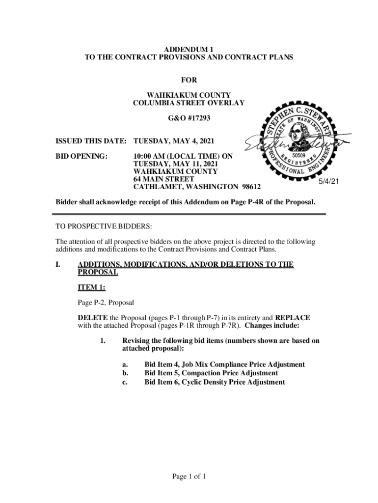 Fillable Online ADDENDUM 1 TO THE CONTRACT PROVISIONS AND CONTRACT ...
