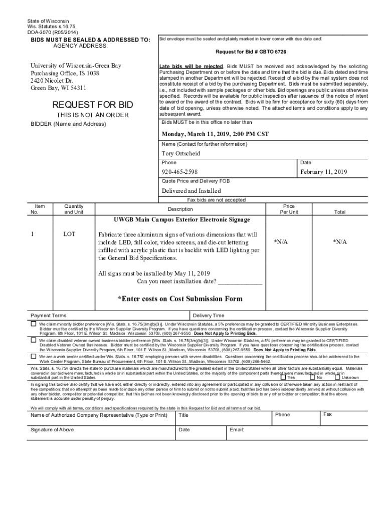 Fillable Online vendornet.wi.govDownloadDOA-3070 Request for Bid Cover Sheet Fax Email Print ...