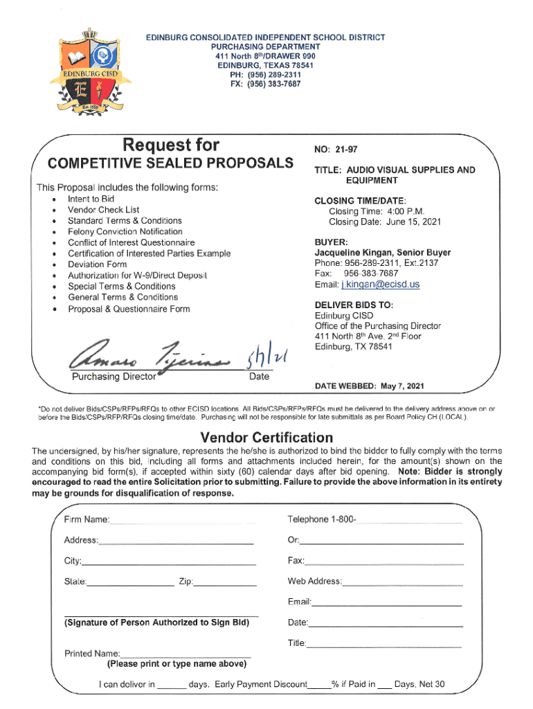 Fillable Online www.ecisd.usourpagesautoRequest for NO: 19-57 PROPOSAL ...