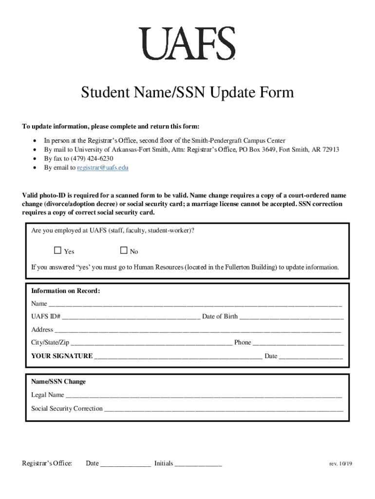Fillable Online campuslife uafs fill.ioStudent-Update-Form-SSN-Birthdate-GenderFillable Student ...