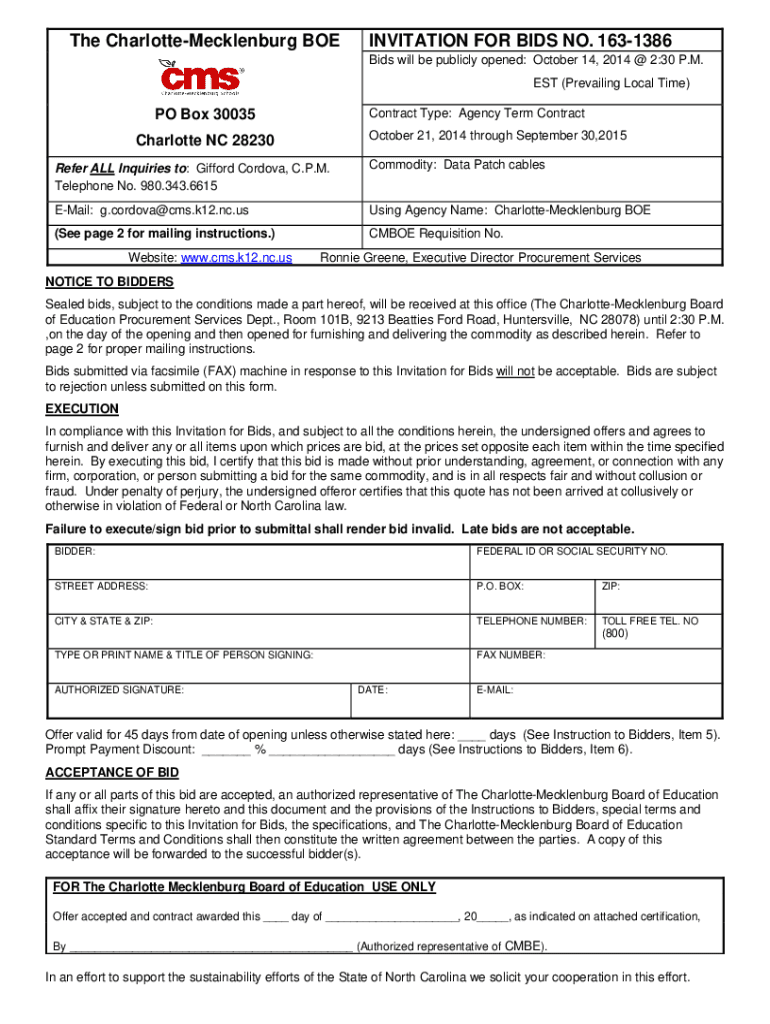 Fillable Online www.bidnet.combneattachmentsThe Charlotte-Mecklenburg ...