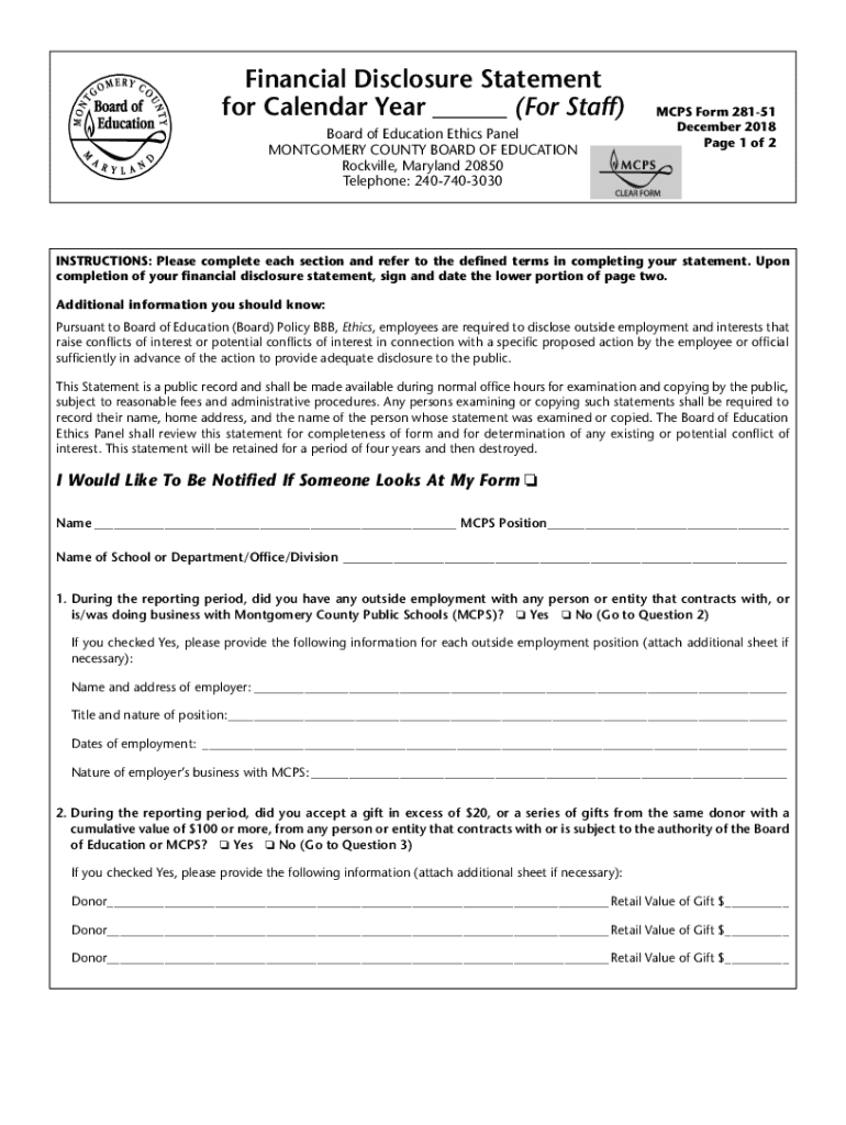 Fillable Online www.montgomeryschoolsmd.orgformspdfFinancial Disclosure Statement for Calendar ...