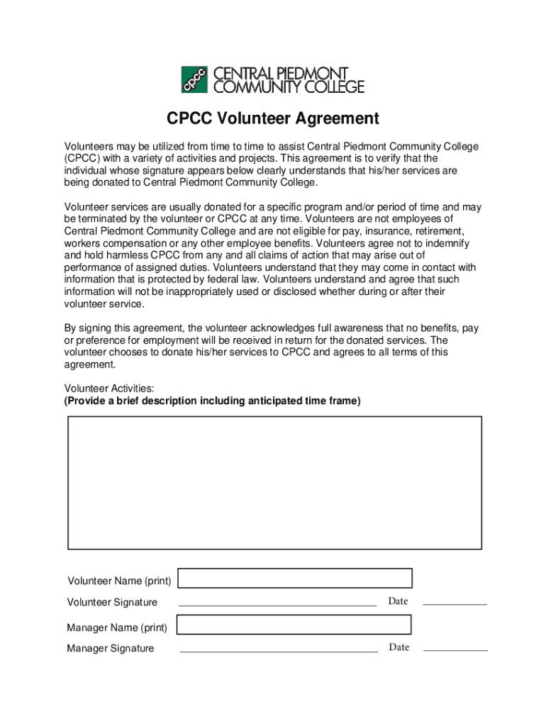 Fillable Online CPCC Volunteer Agreement Fax Email Print - pdfFiller