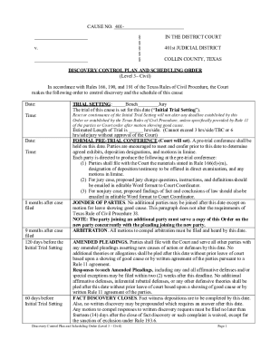 Fillable Online 401st Bench Trial Discovery Control Plan and Scheduling ...