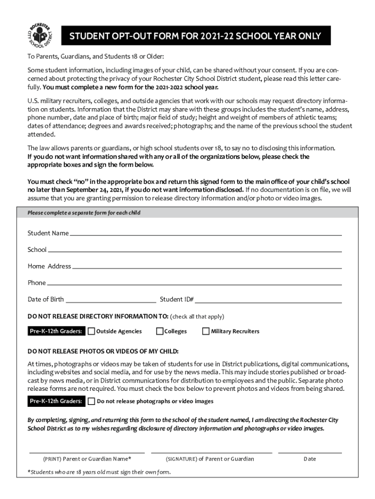 Fillable Online STUDENT OPT-OUT FORM FOR 2021-22 SCHOOL Fax Email Print ...