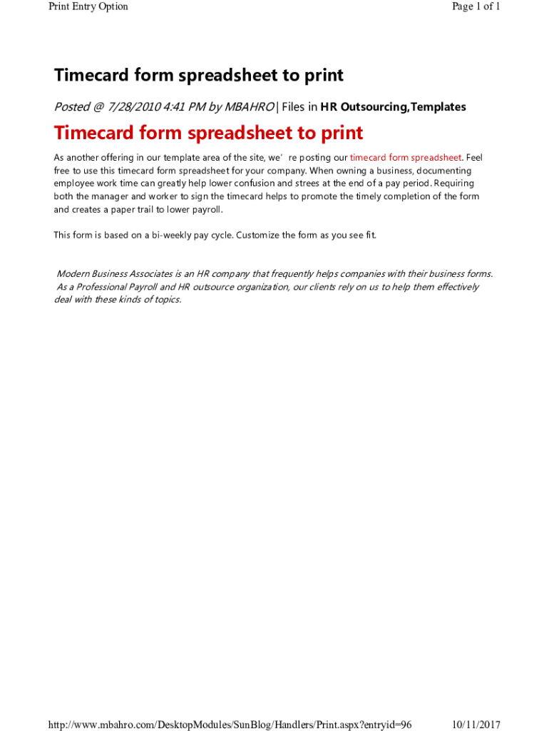 Fillable Online Timecard form spreadsheet to print - Modern Business ...