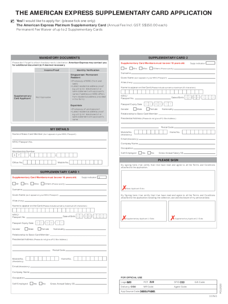 Fillable Online Supplementary American Express Credit Card Application ...