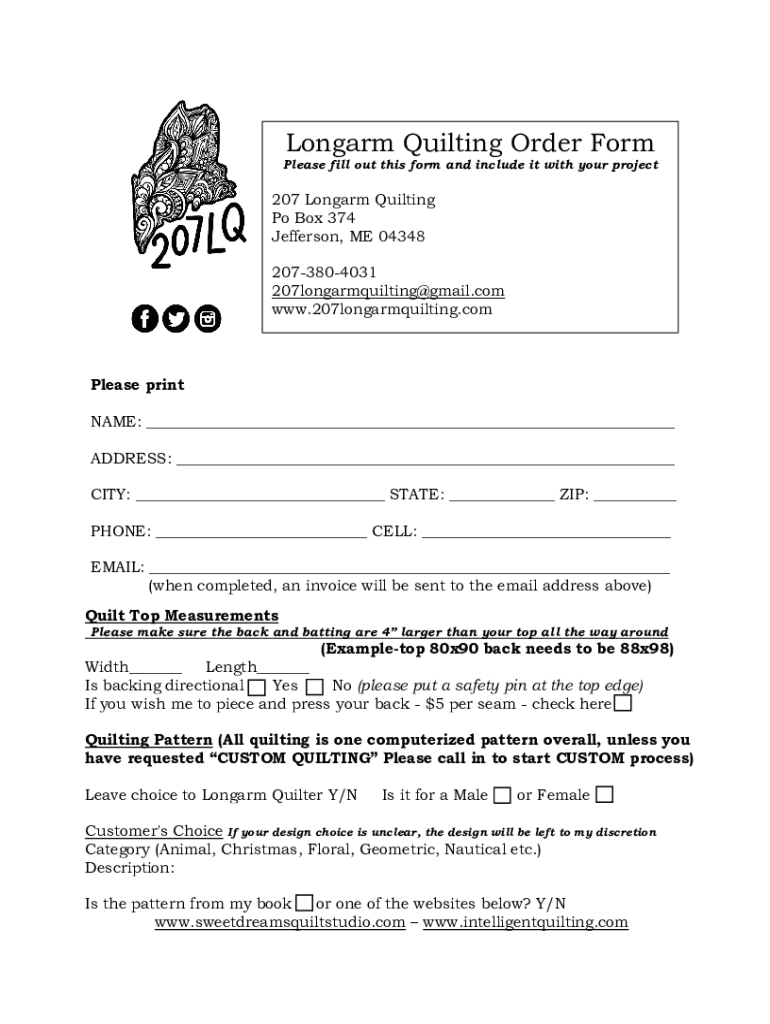 Fillable Online Longarm Machine Quilt Order FormQuilt BuggWinterset, IA ...
