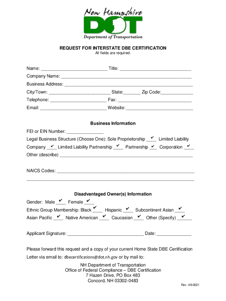 Fillable Online REQUEST FOR INTERSTATE DBE CERTIFICATION Name Fax Email ...