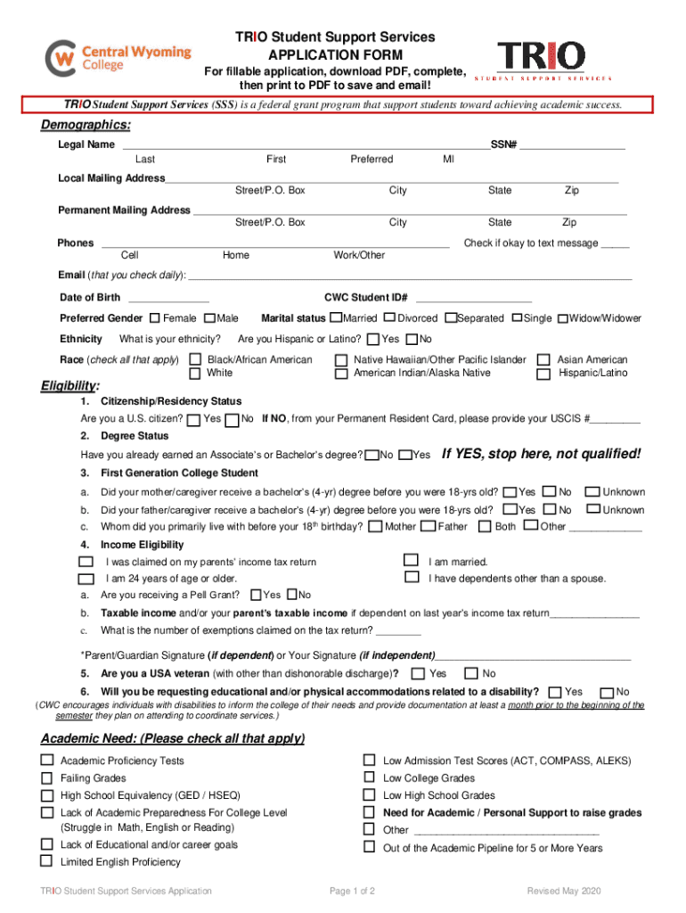 Fillable Online TRIO Student Support Services APPLICATION FORM Fax ...