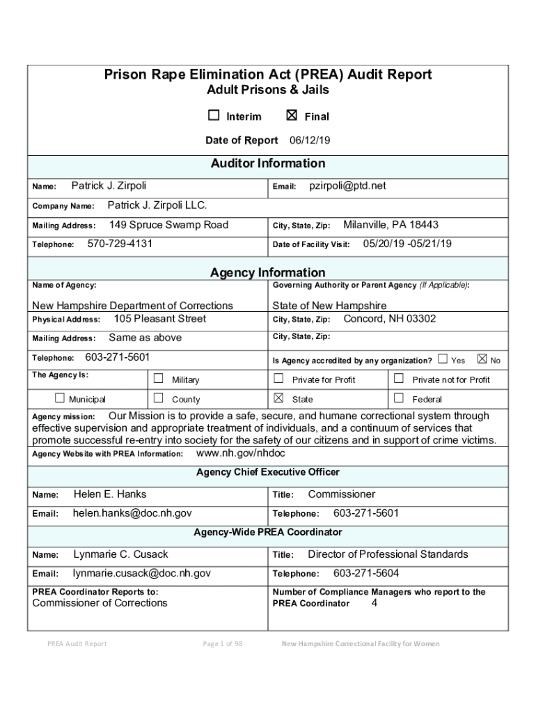Fillable Online Prison Rape Elimination Act (PREA) Audit Report - NH ...