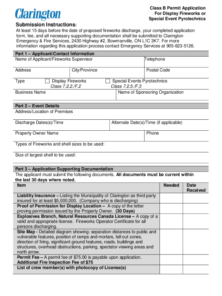Fillable Online Class B Permit Application for Fireworks or Special ...