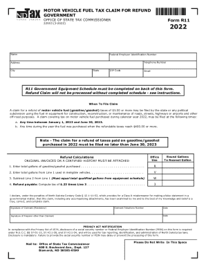 Fillable Online Motor Vehicle Fuel Tax Claim for Refund - Form R11 ...