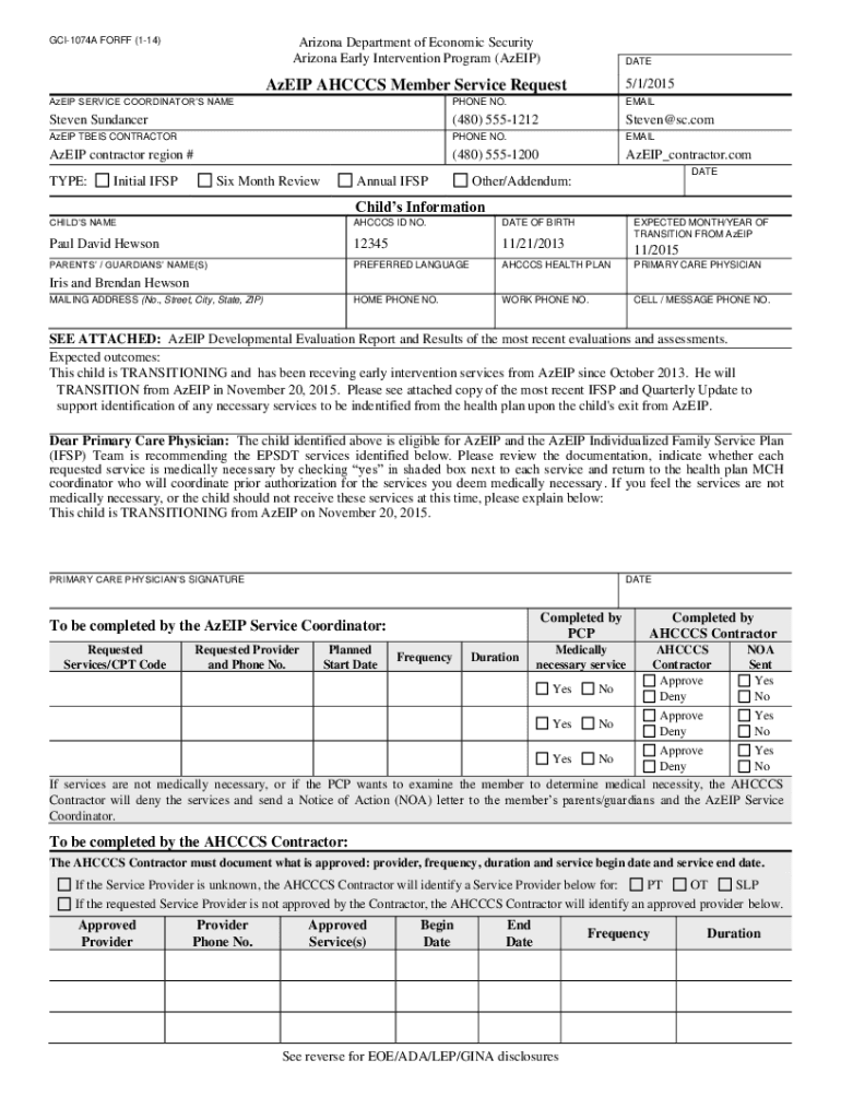 Fillable Online GCI-1074A - AzEIP AHCCCS Member Service Request. GCI ...