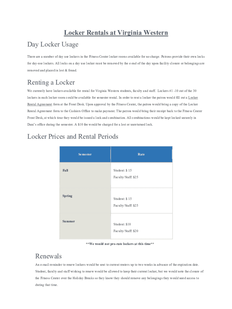 Fillable Online Fillable Online Locker Rentals at Virginia Western2 Fax ...