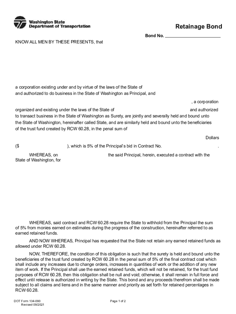 Fillable Online wsdot wa DOT Form 134-090 Retainage Bond Fax Email ...