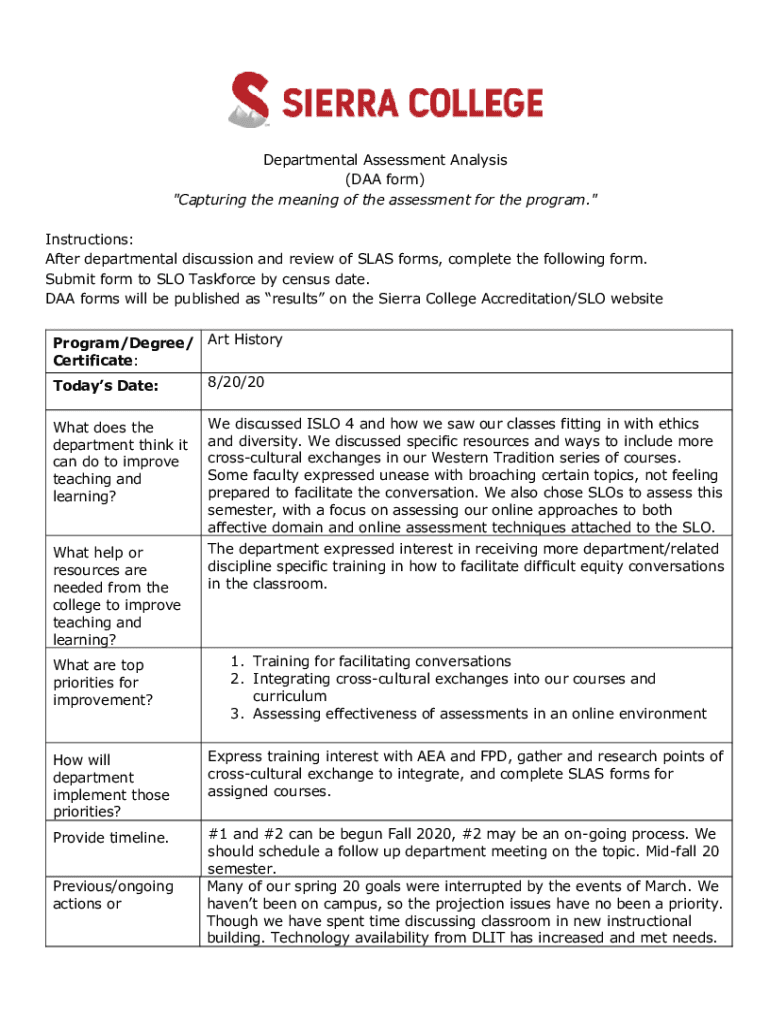 Fillable Online Departmental Assessment Analysis (DAA form) "Capturing ...