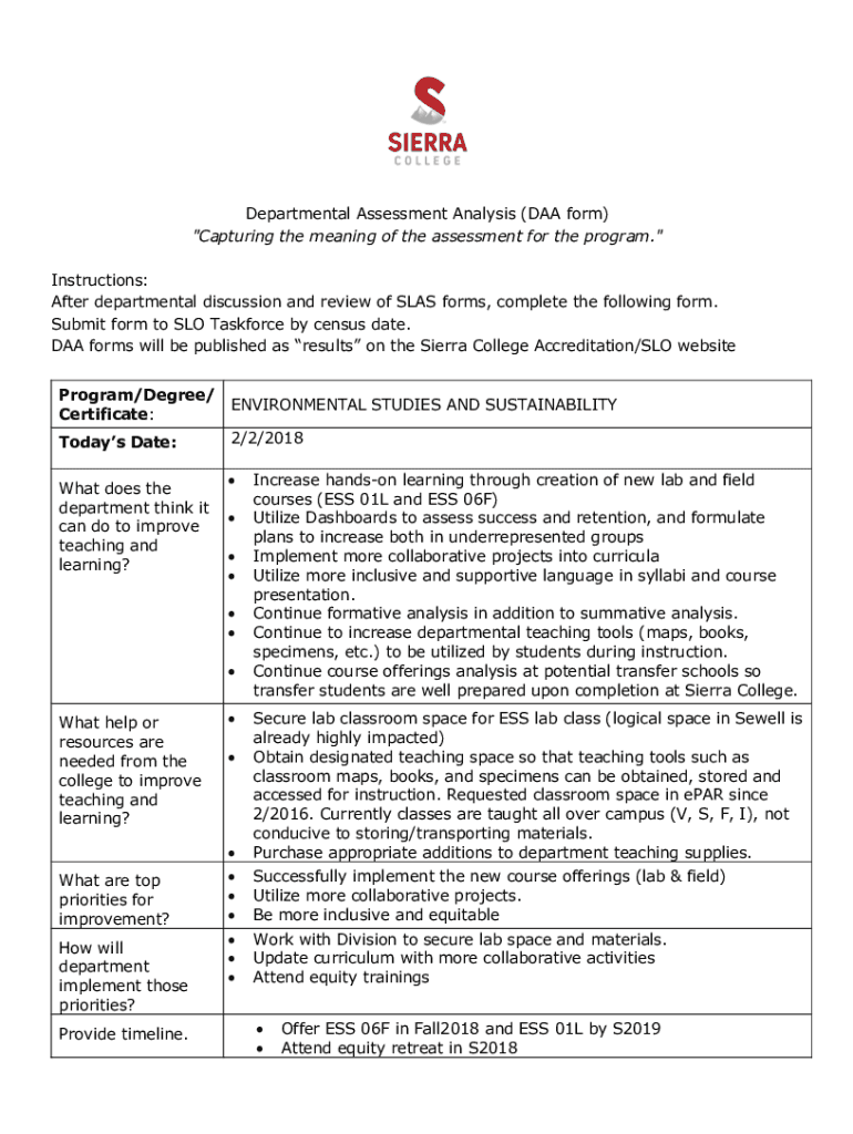 Fillable Online Departmental Assessment Analysis (DAA form) - Sierra ...