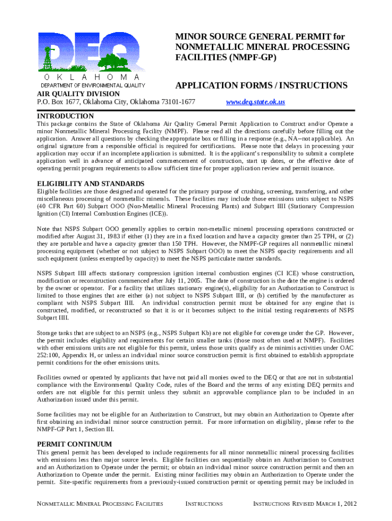 APPICATION FOR PERMIT Non-Metallic Mineral Processing General Permit ...