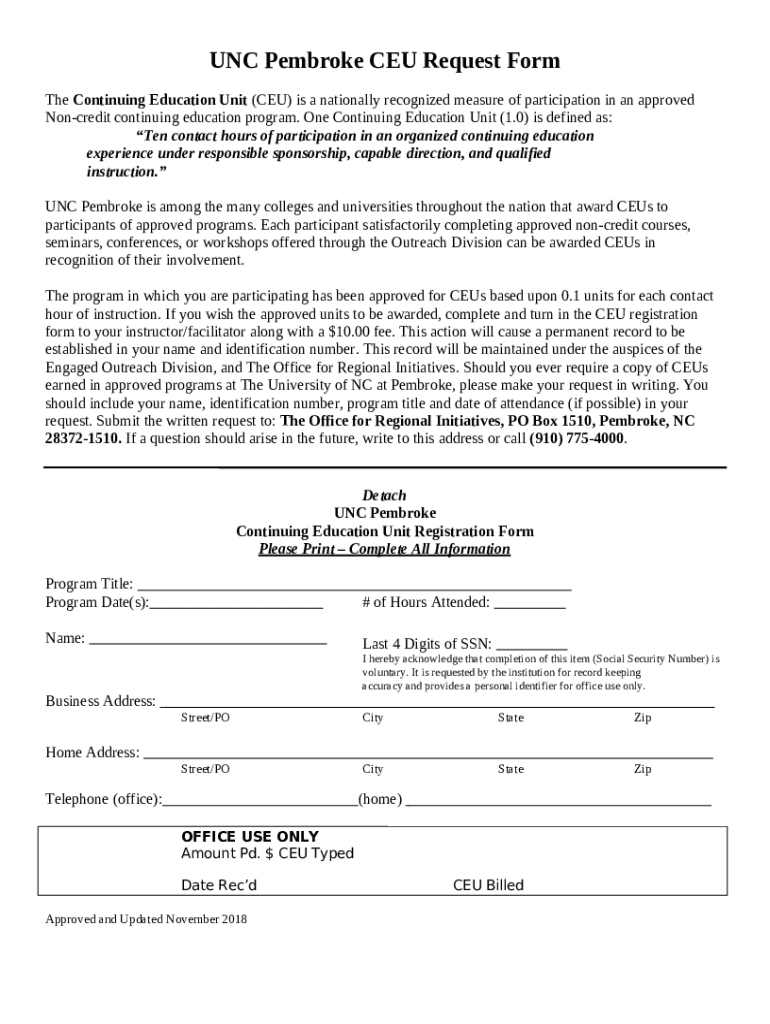 UNC Pembroke CEU Request Doc Template | pdfFiller