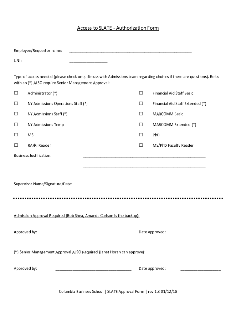 Fillable Online Access to SLATE - Authorization Form Fax Email Print ...
